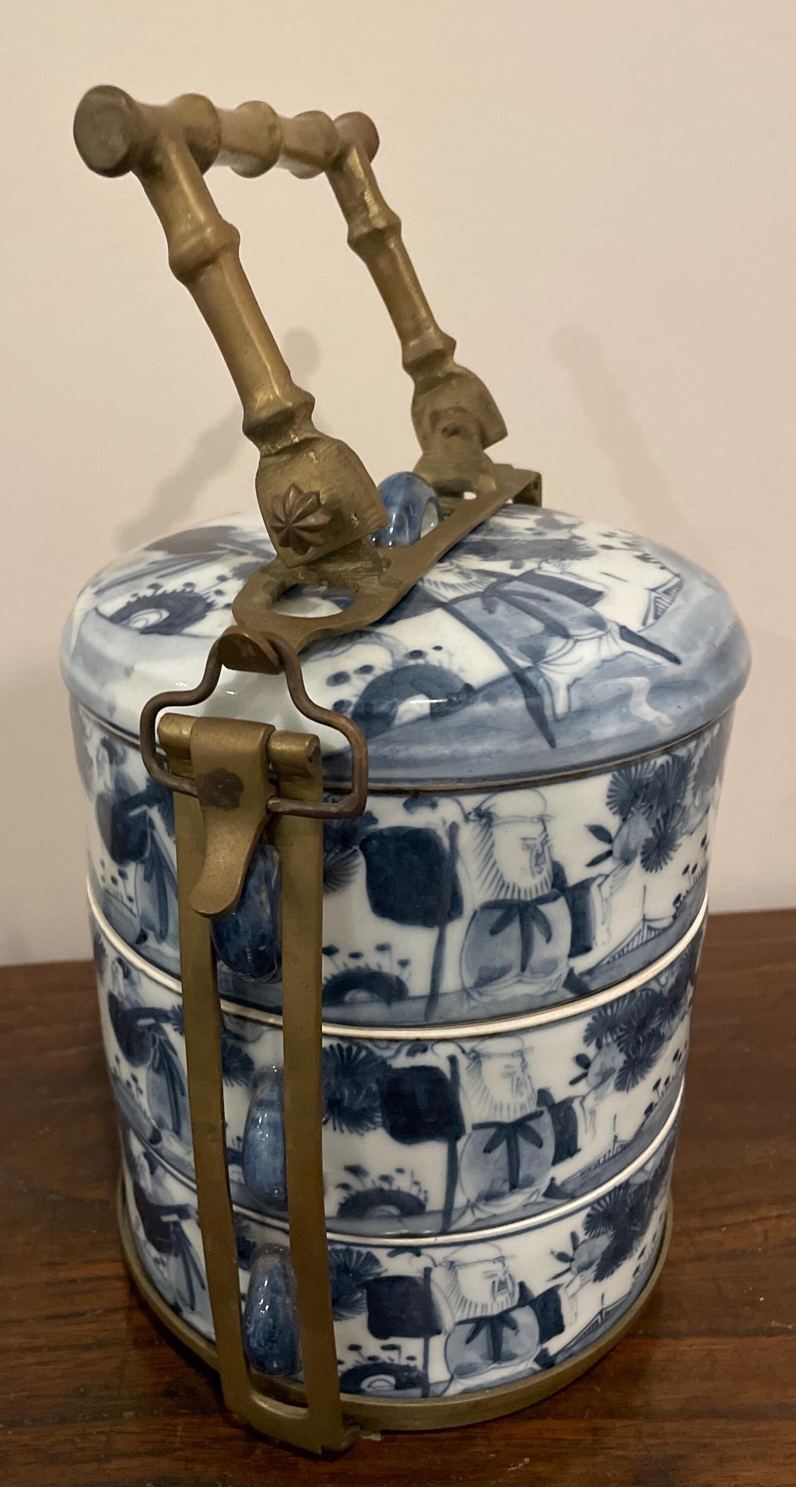 Decorative Antique Chinese Three-tiered Porcelain Bamboo Tiffin Carrier ...