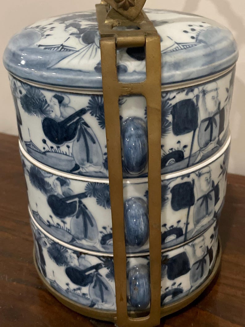Decorative Antique Chinese Three-tiered Porcelain Bamboo Tiffin Carrier ...