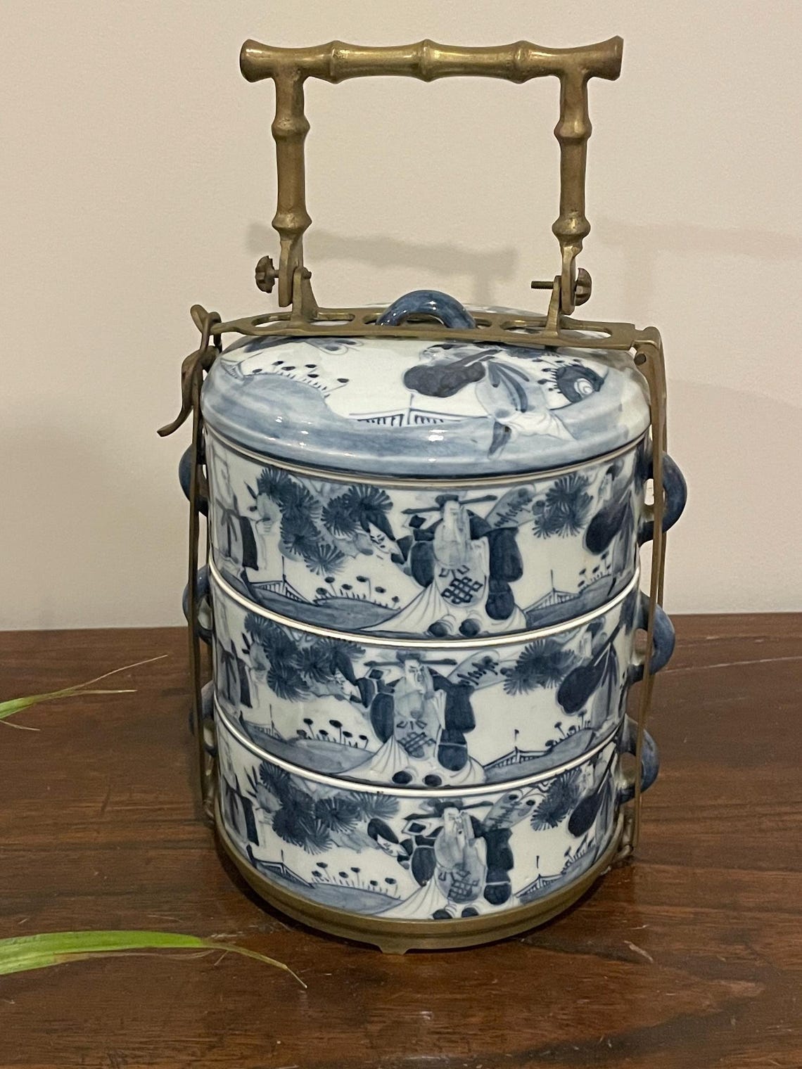 Decorative Antique Chinese Three-tiered Porcelain Bamboo Tiffin Carrier ...