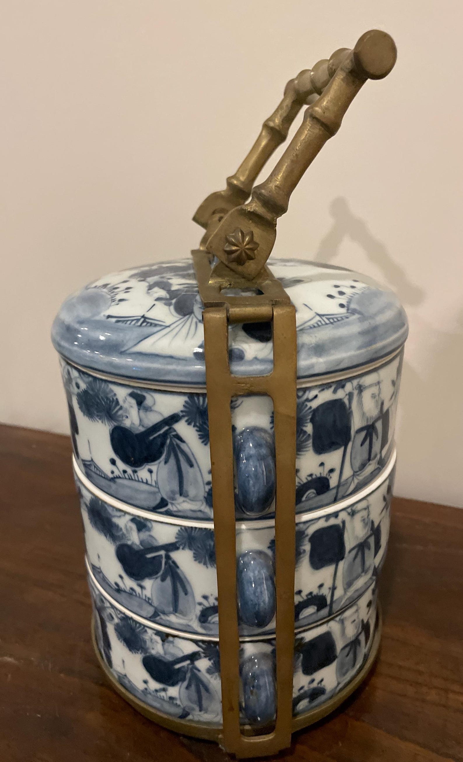 Decorative Antique Chinese Three-tiered Porcelain Bamboo Tiffin Carrier ...