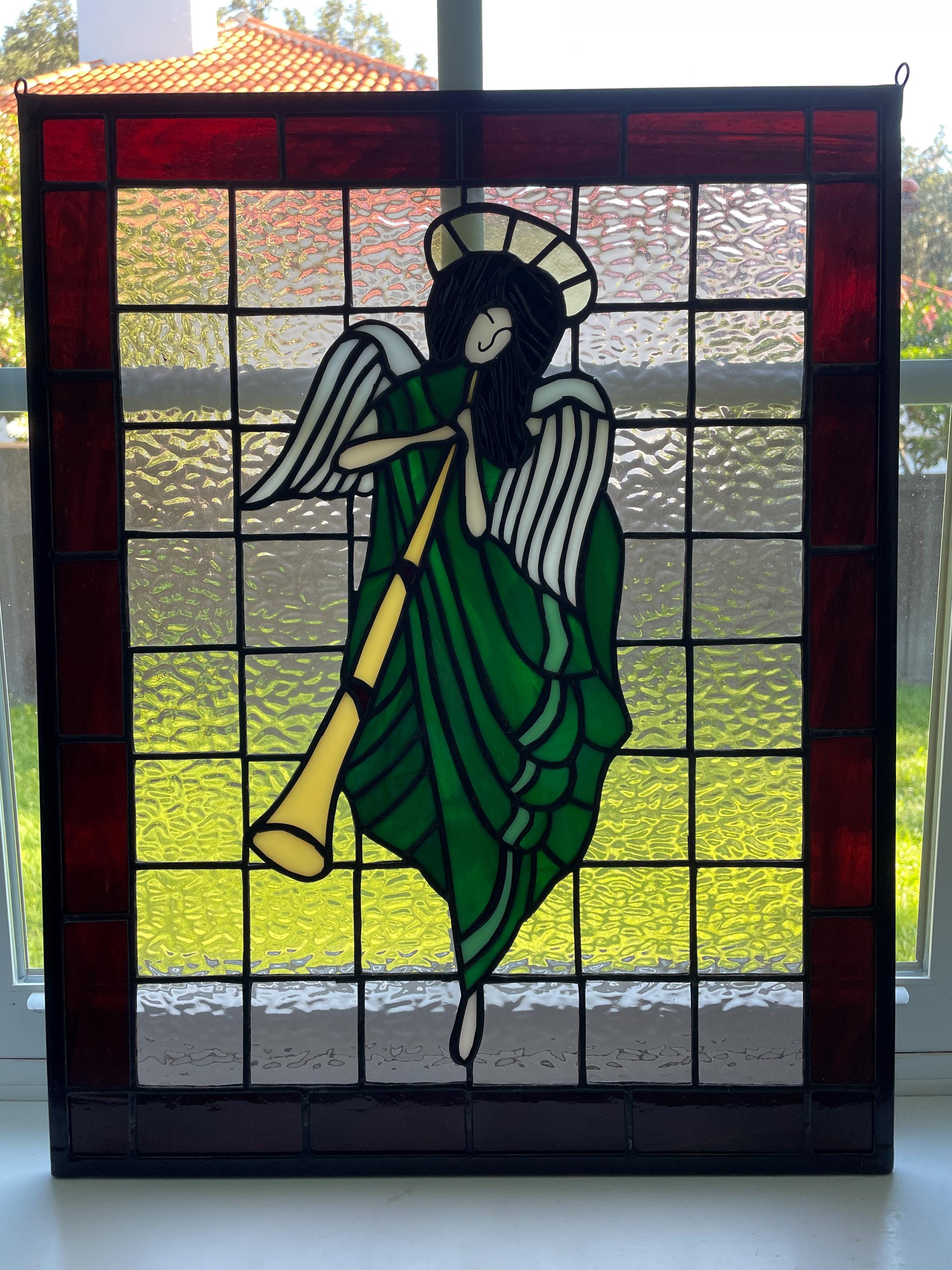 Stained Glass (leaded) Angel Playing Trumpet Window Panel ~ Hand ...