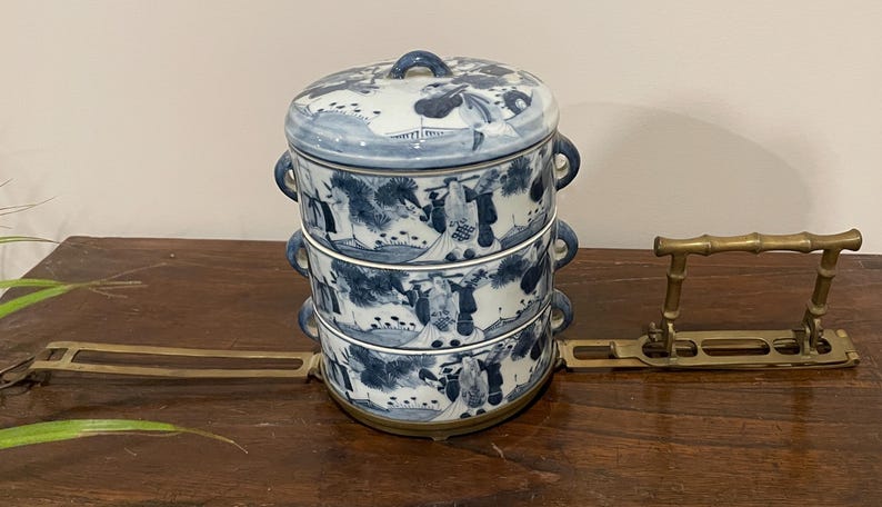 Decorative Antique Chinese Three-tiered Porcelain Bamboo Tiffin Carrier ...