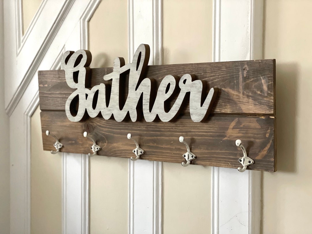 Gather Coat Hook Sign, Farmhouse Style Sign, Hat Rack, Hall Tree Decor ...