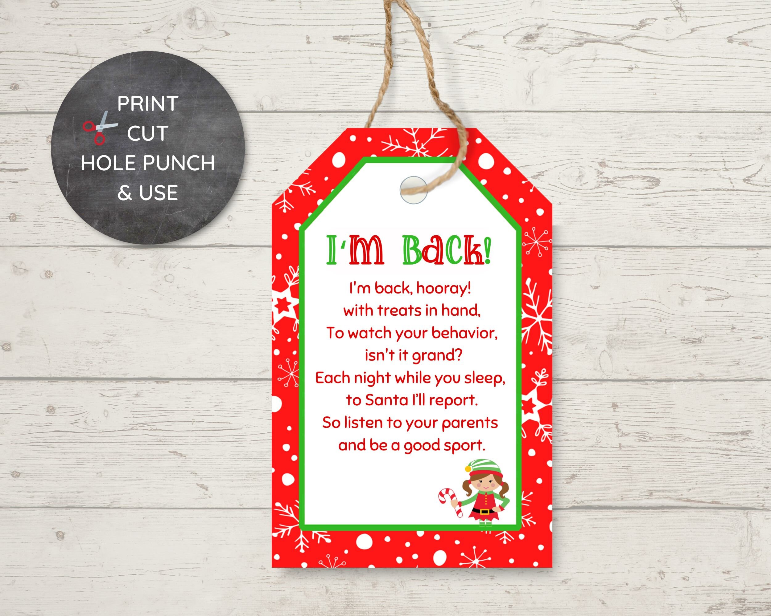 Instant Download, Printable Elf Return I'm Back Gift Tags, Christmas ...