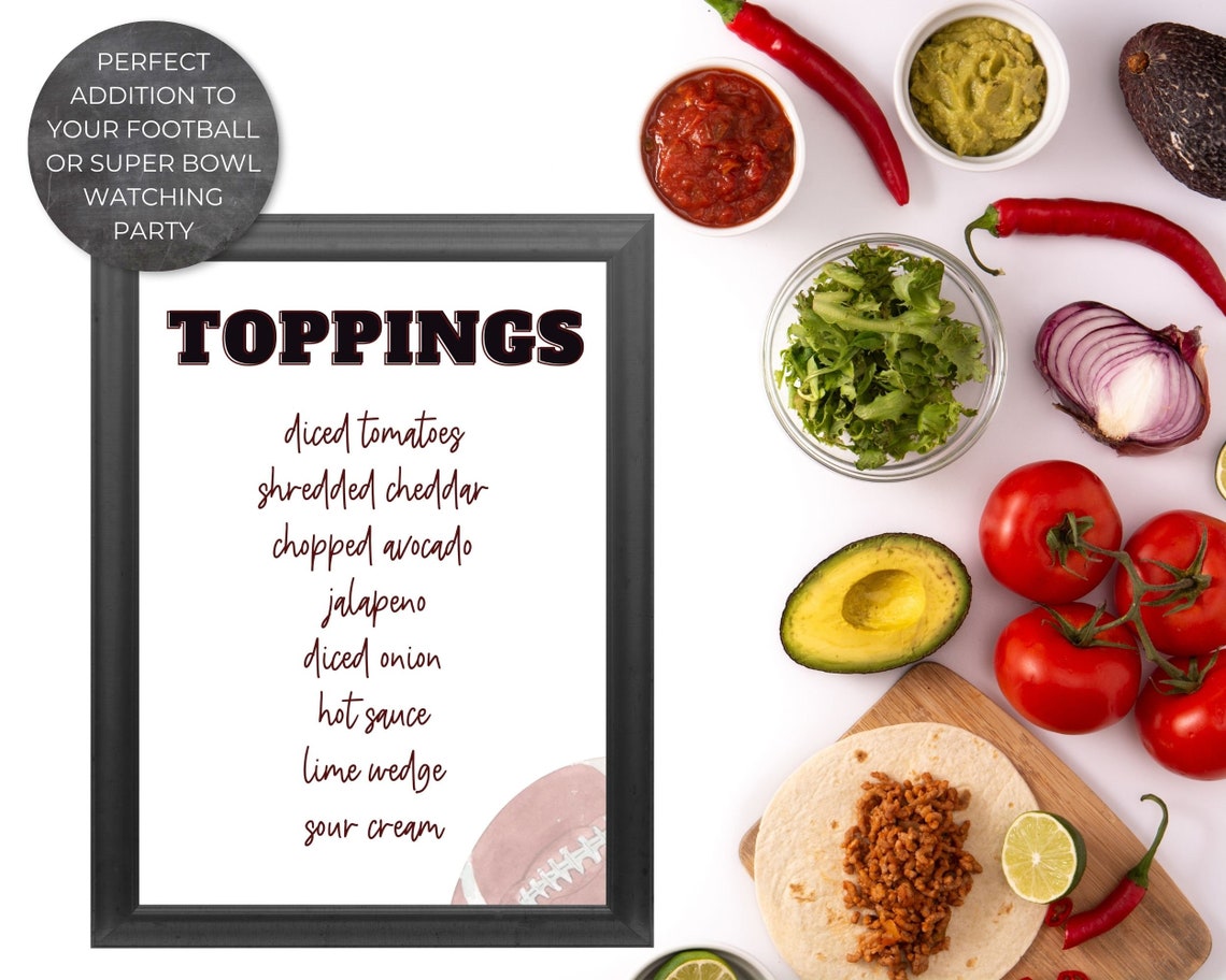 Printable Football Taco Bar and Toppings Sign, 8"x10", 5"x7" Sizes ...