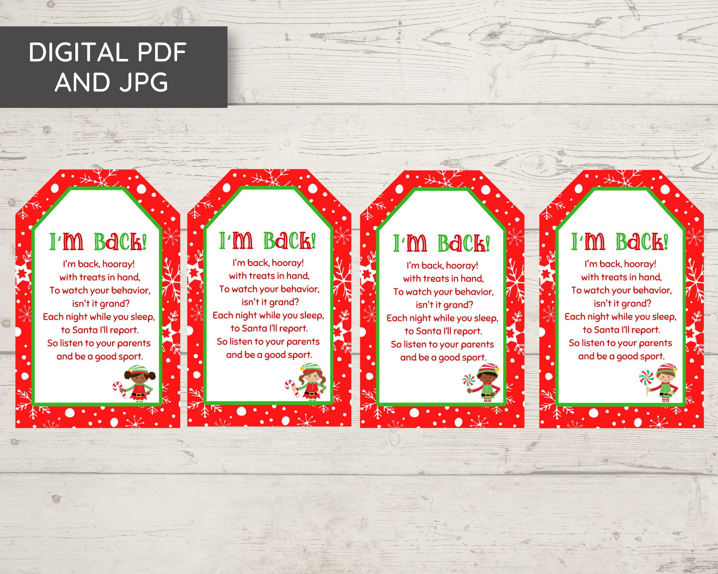 Instant Download, Printable Elf Return I'm Back Gift Tags, Christmas ...