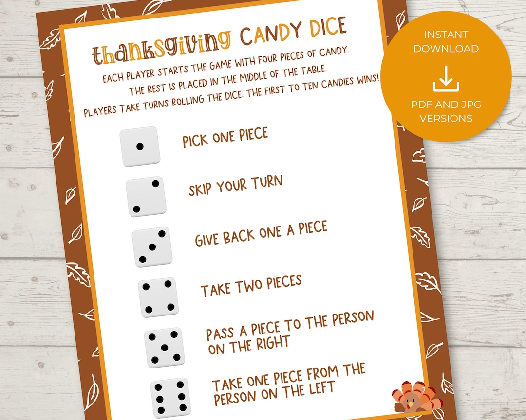 Printable, Download, Thanksgiving Candy Dice Game, Holiday Party ...