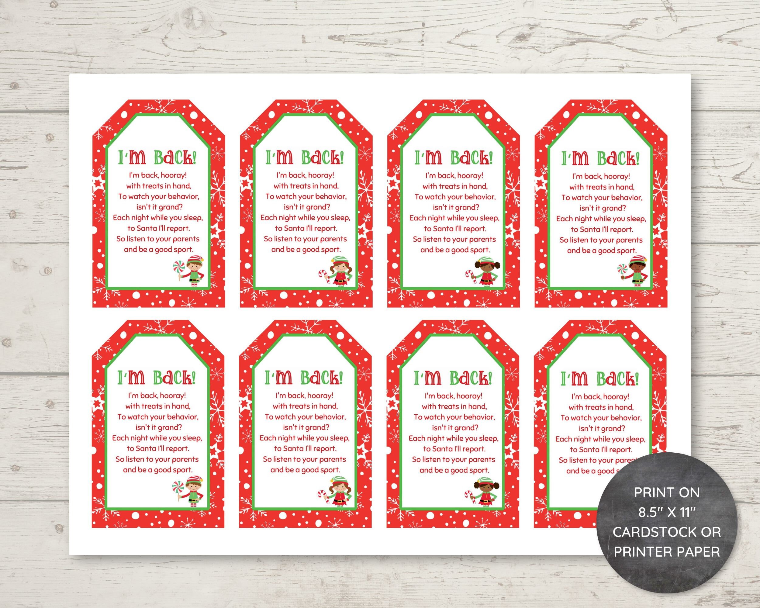 Instant Download, Printable Elf Return I'm Back Gift Tags, Christmas ...