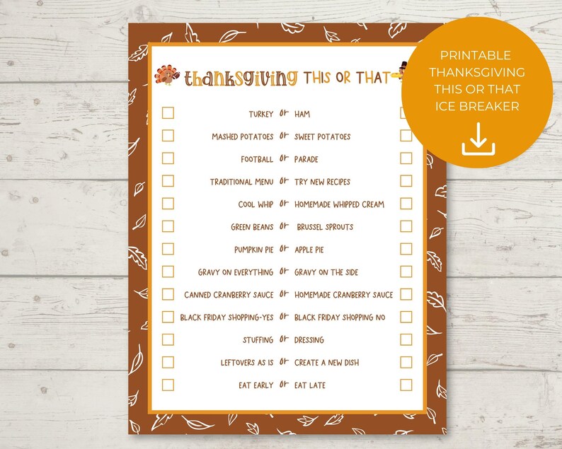 Instant Download, Printable Thanksgiving This or That Ice Breaker ...