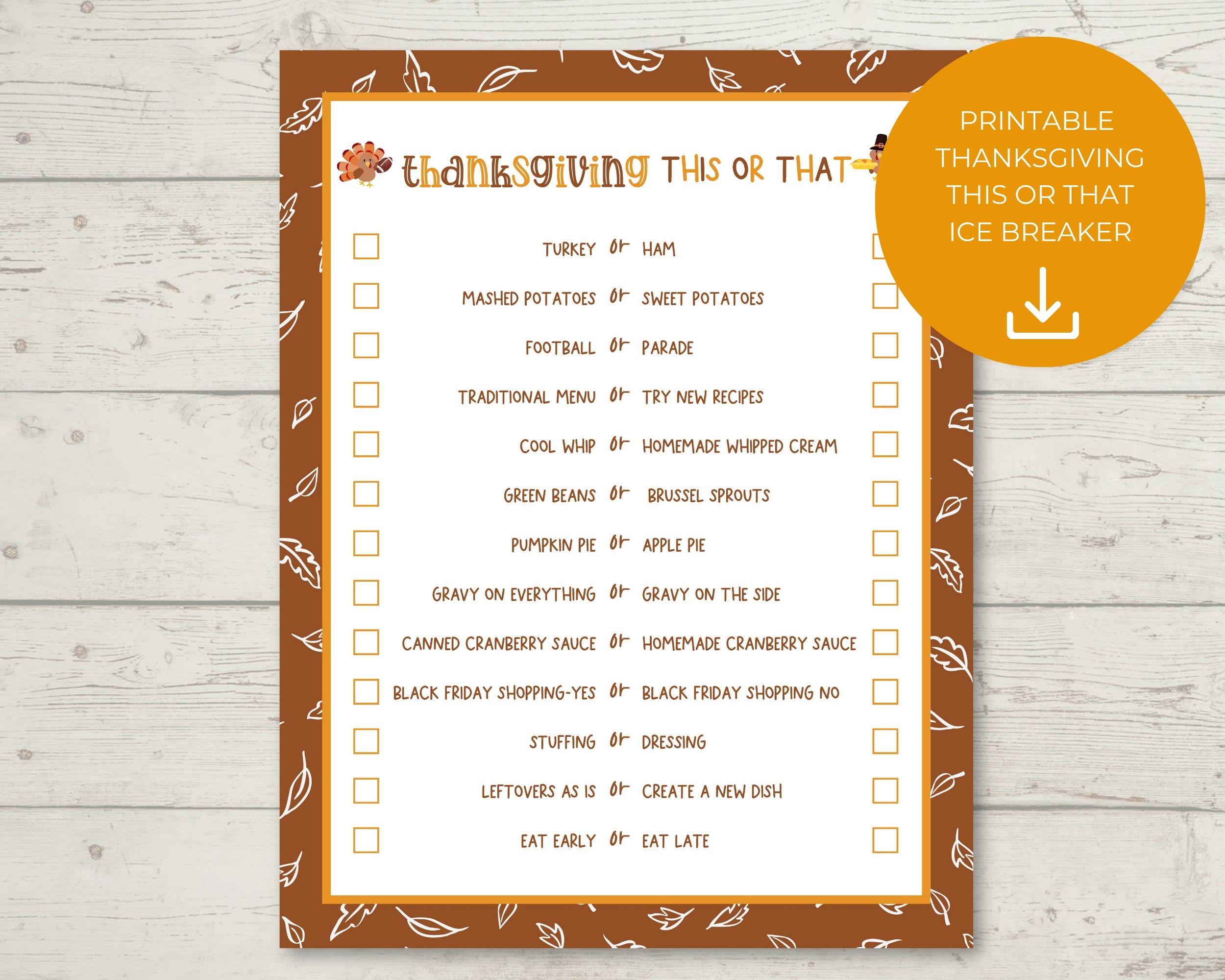 Instant Download, Printable Thanksgiving This or That Ice Breaker ...