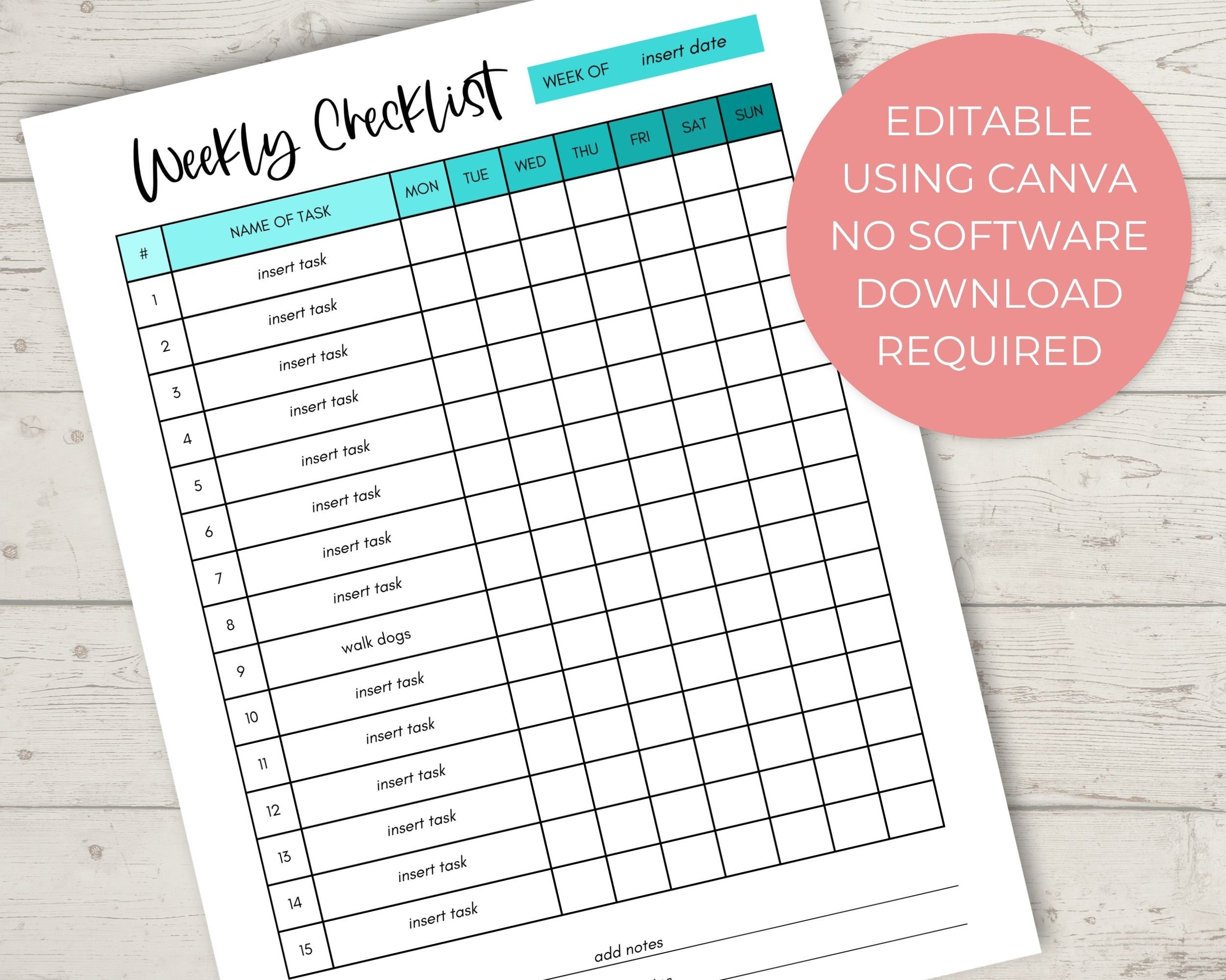 Editable, Instant Download, Printable Weekly Checklist, To-do List ...