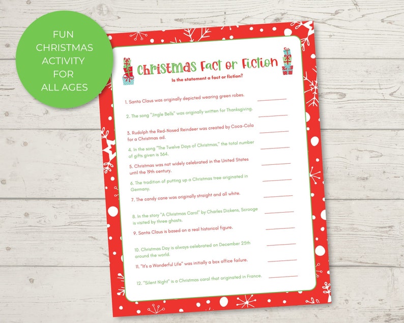 Instant Download, Printable Christmas Fact or Fiction Quiz, True or ...