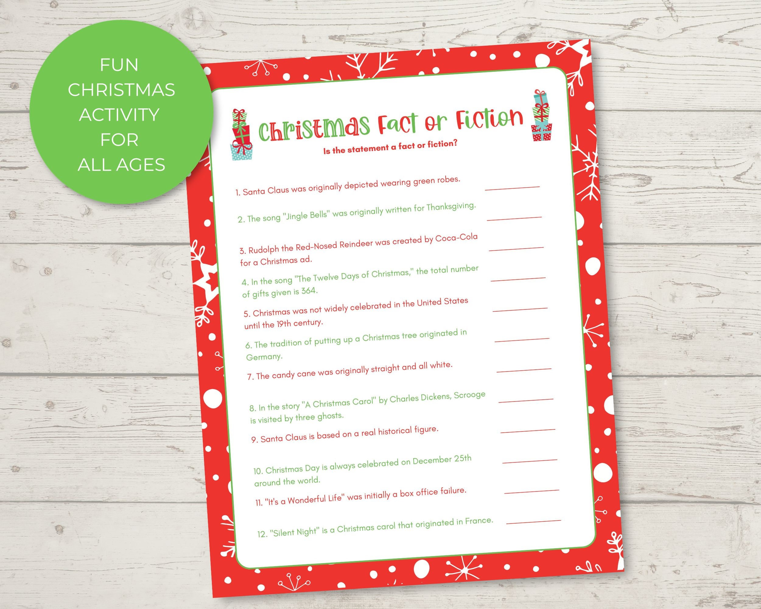 Instant Download, Printable Christmas Fact or Fiction Quiz, True or ...