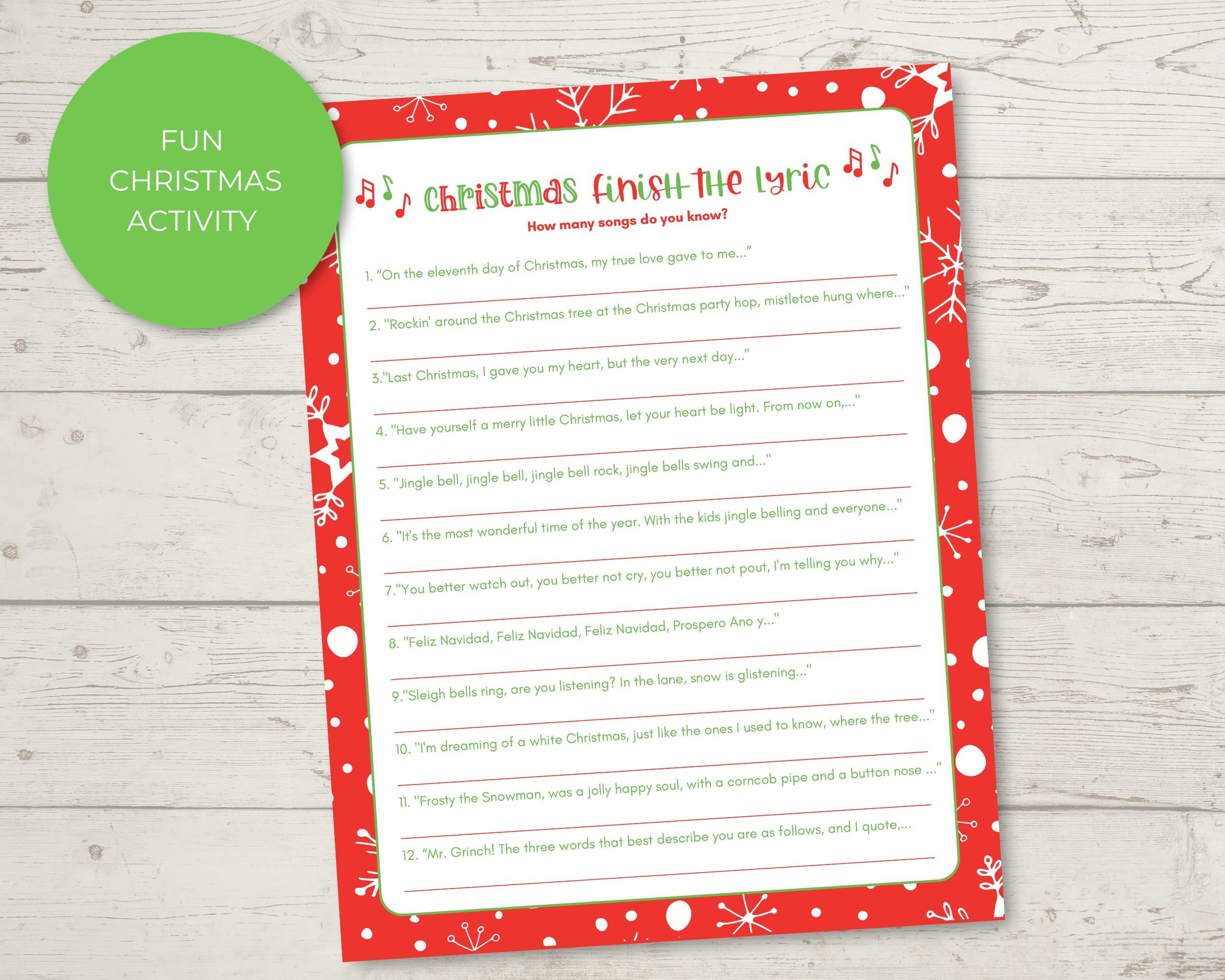 Instant Download, Printable Christmas Finish the Lyric Game, Xmas ...