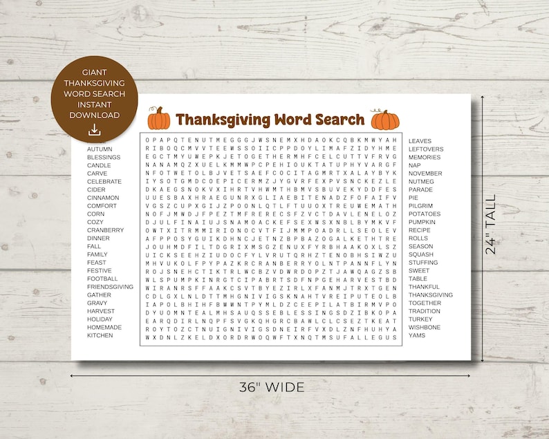 Giant Thanksgiving Word Search Printable •36x24 Large Party Game •fall ...