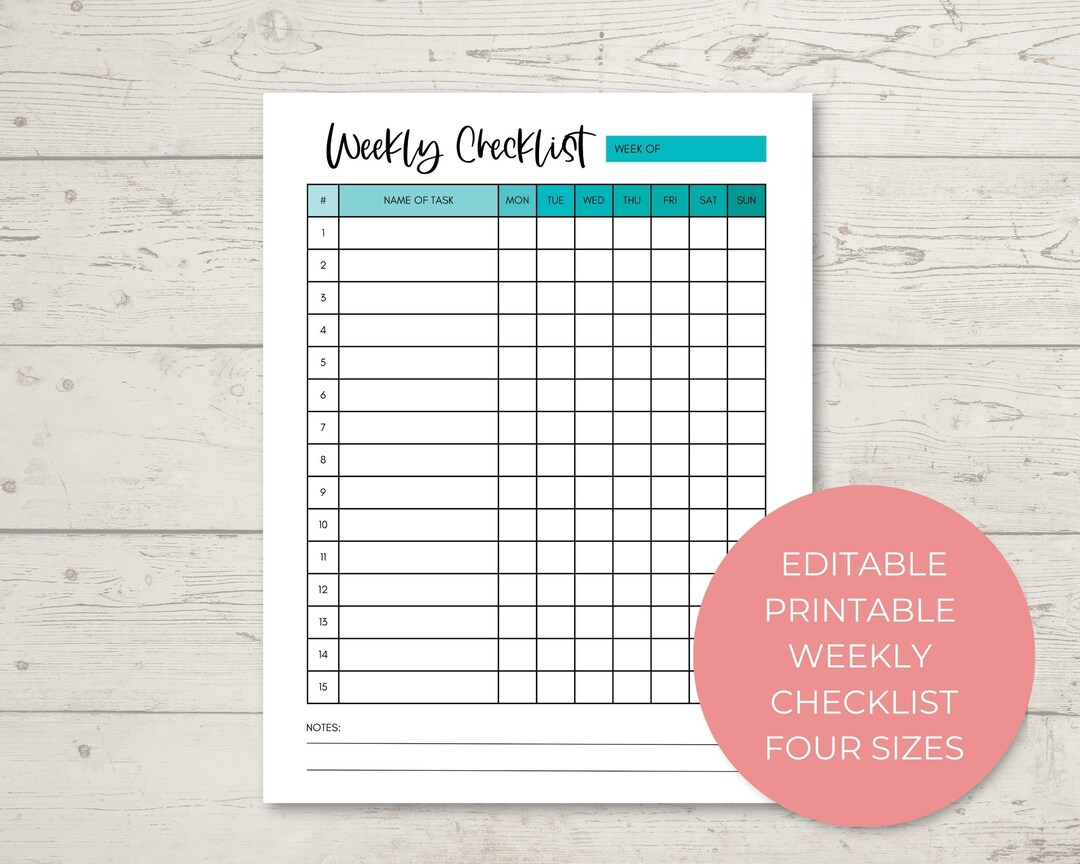 Editable, Instant Download, Printable Weekly Checklist, To-do List ...