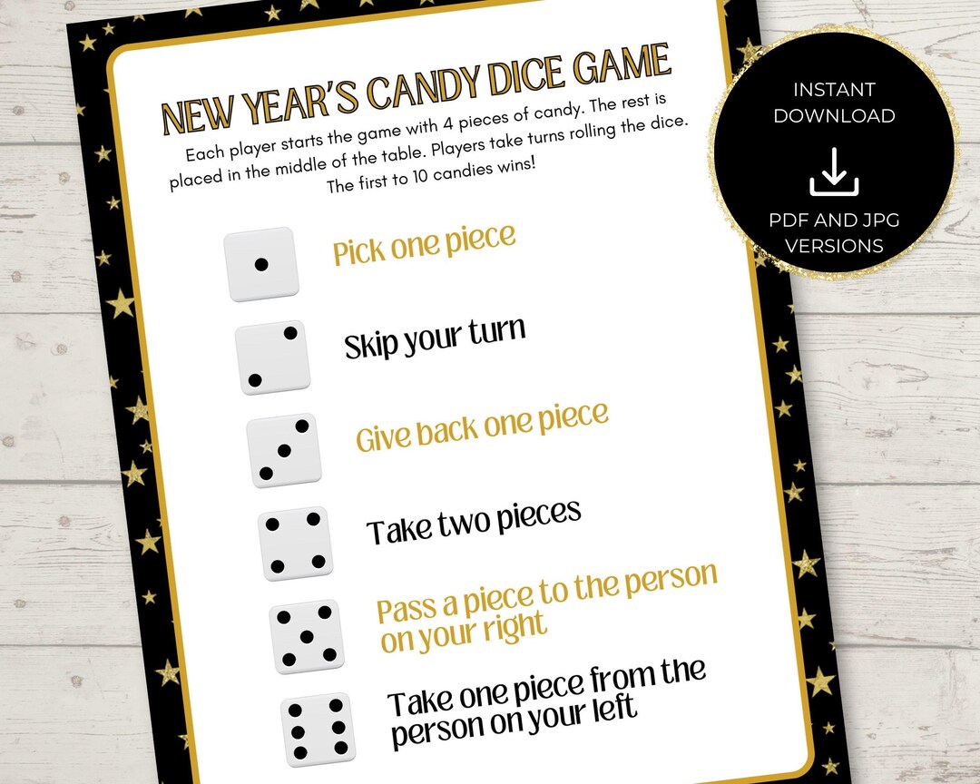 Instant Download, Printable New Year's Eve Candy Dice Game, Holiday ...