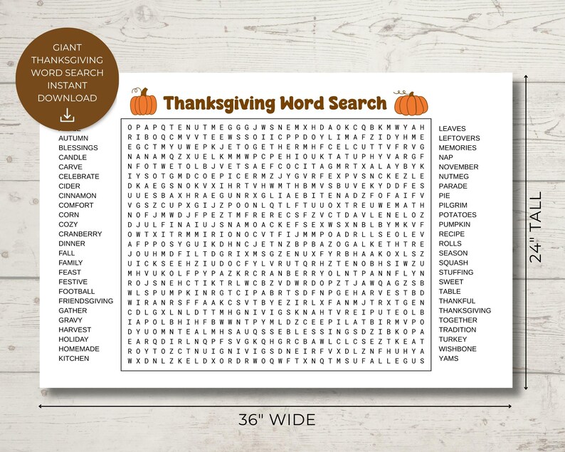 Giant Thanksgiving Word Search Printable •36x24 Large Party Game •fall ...
