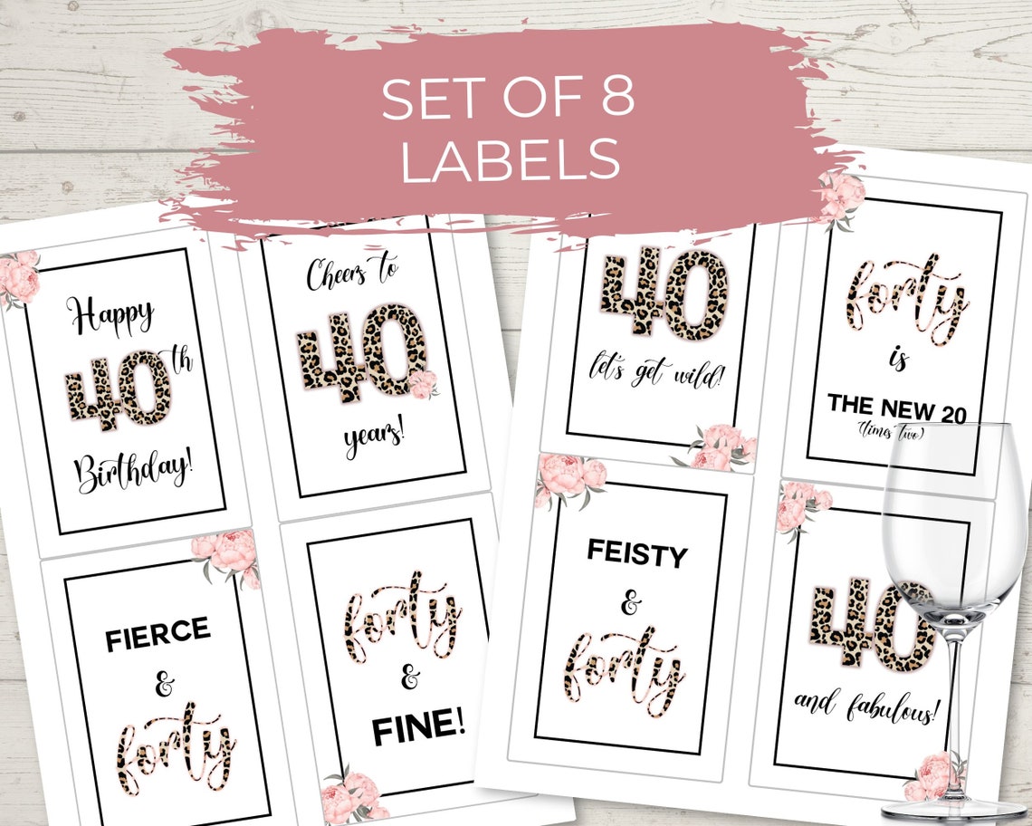 40th Birthday Printable Wine Bottle Labels, Instant Download, Set of 8 ...