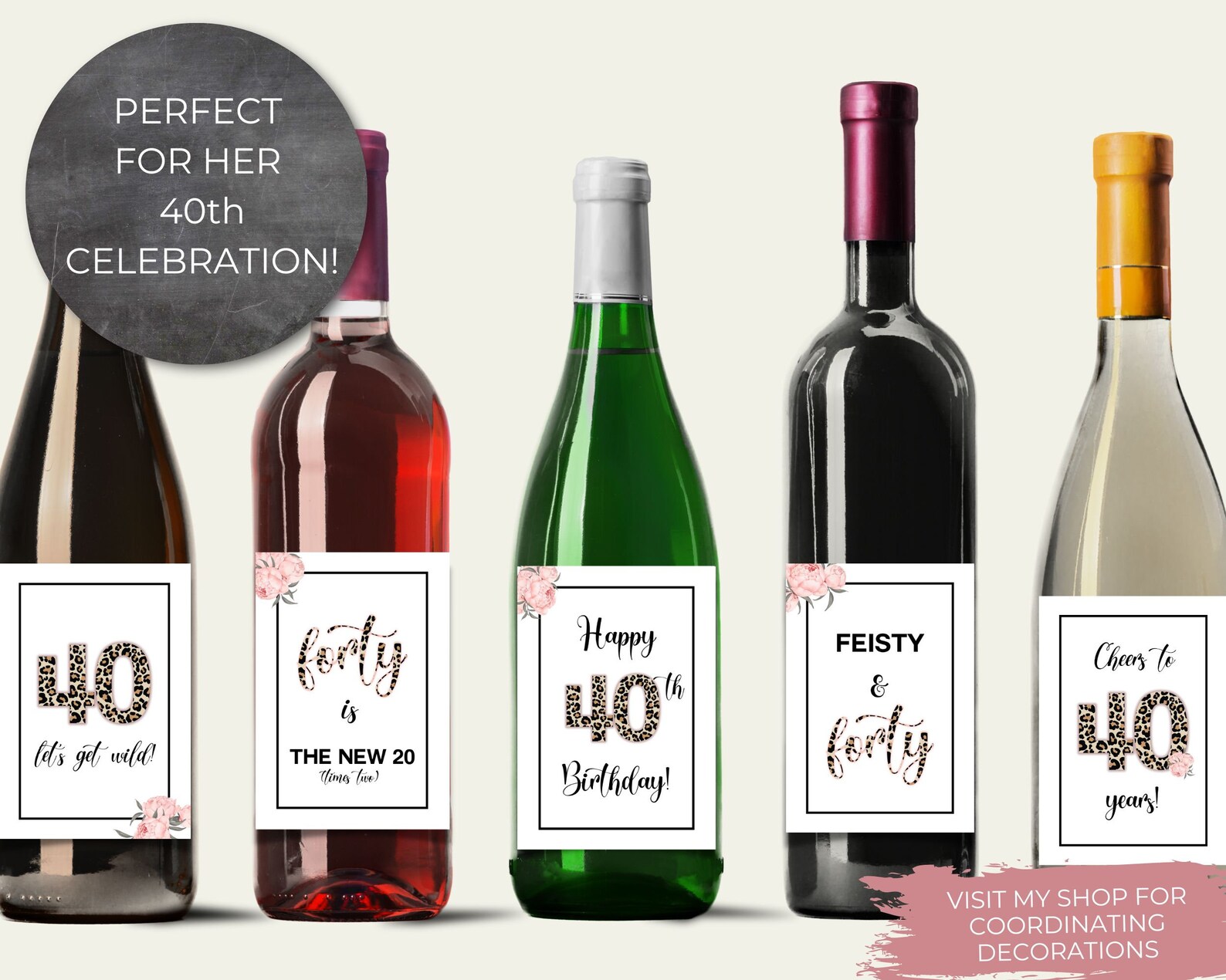 40th Birthday Printable Wine Bottle Labels, Instant Download, Set of 8 ...