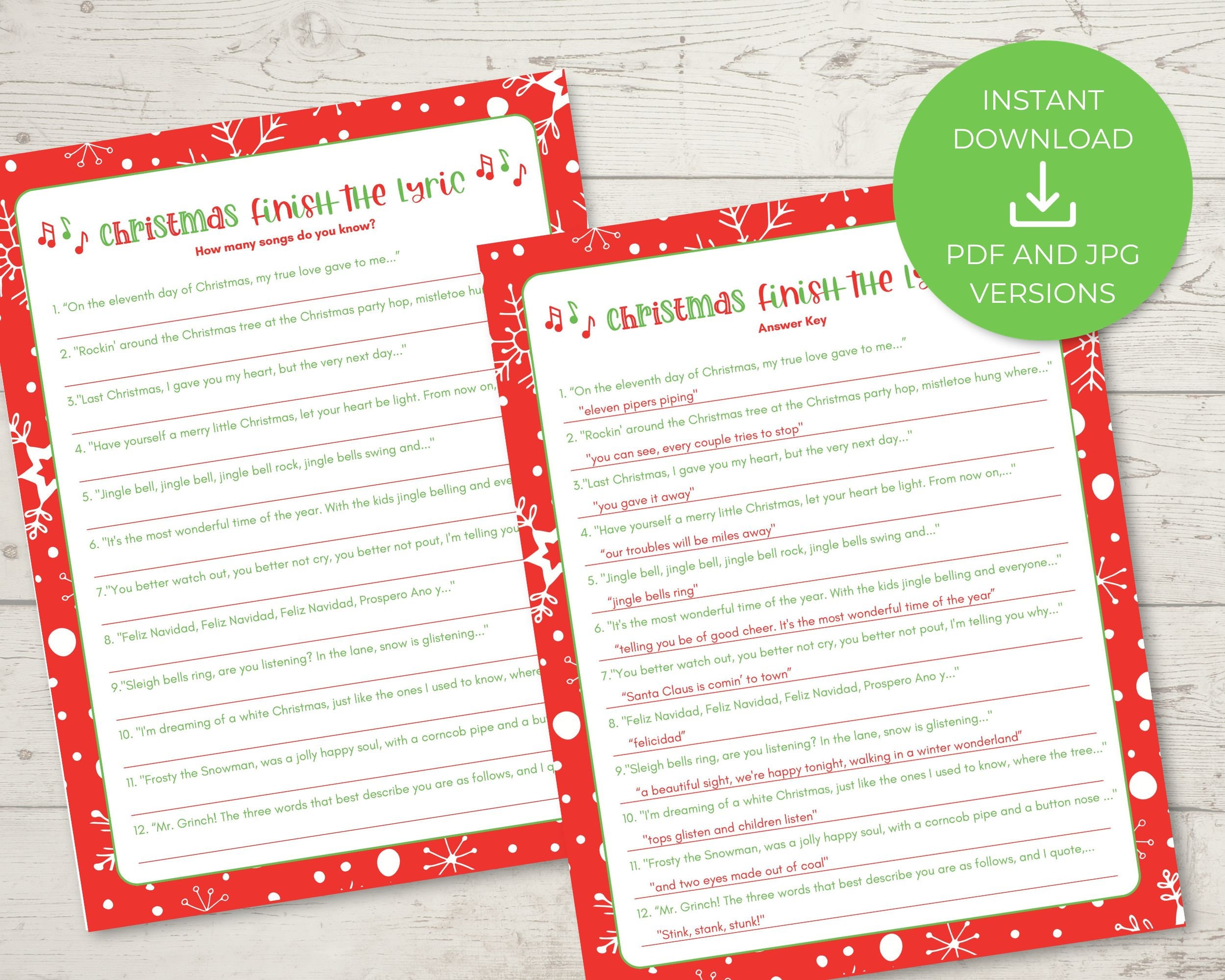 Instant Download, Printable Christmas Finish the Lyric Game, Xmas ...