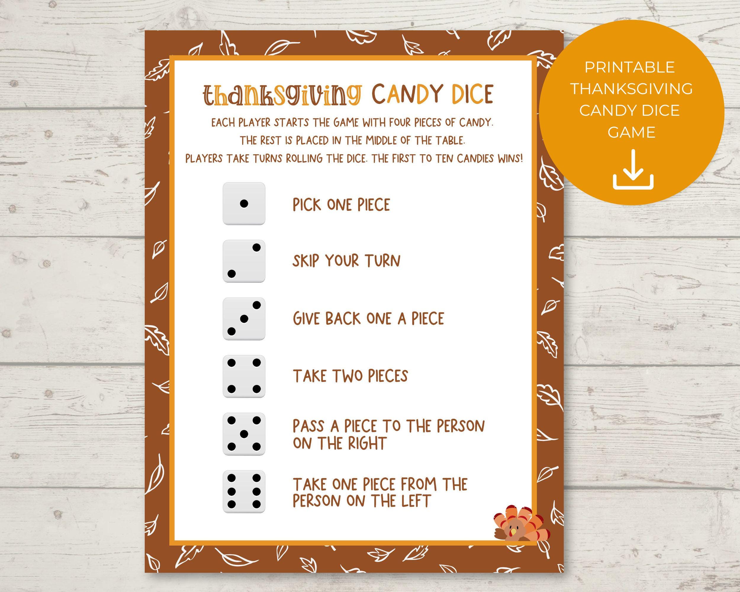 Printable, Download, Thanksgiving Candy Dice Game, Holiday Party ...