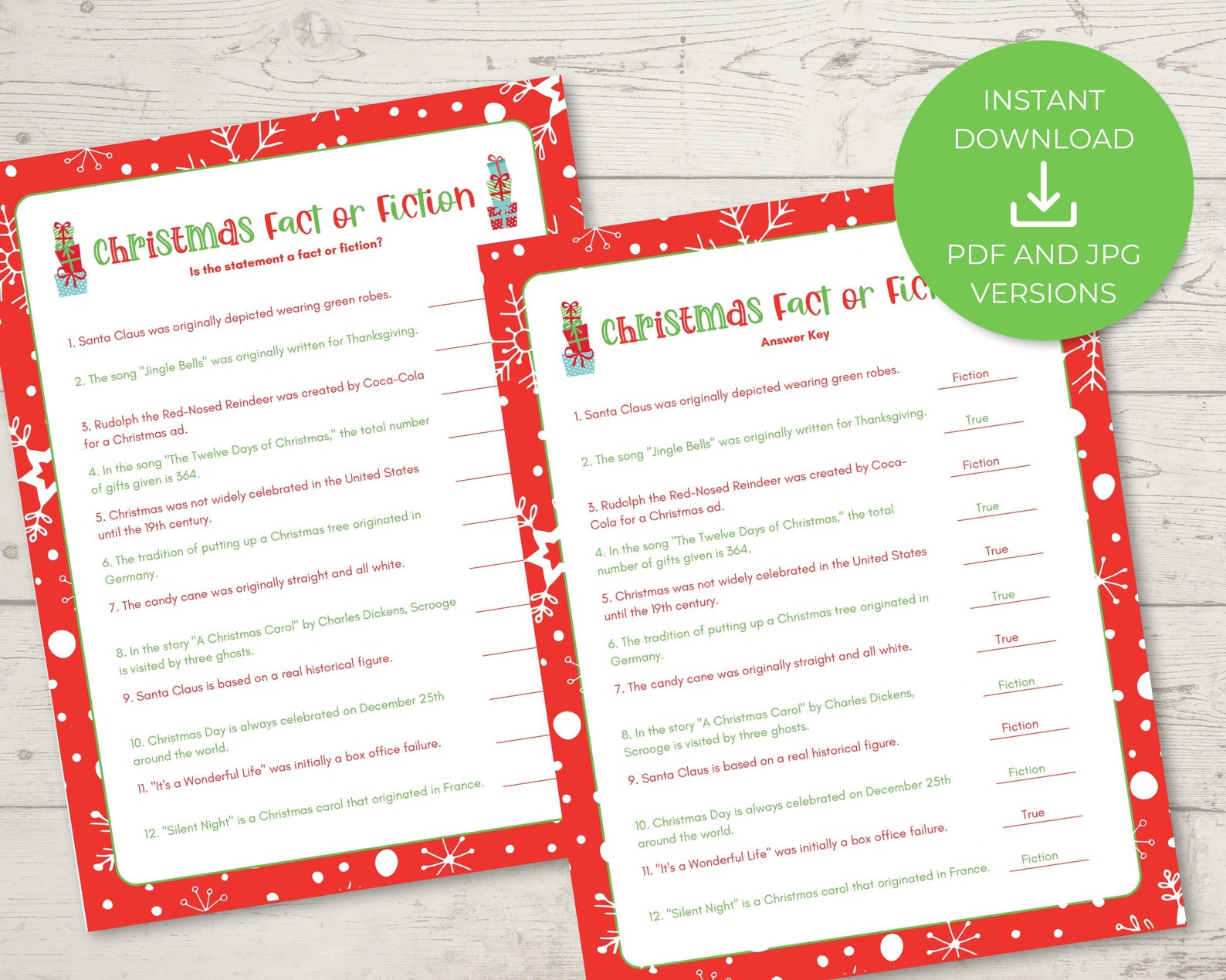 Instant Download, Printable Christmas Fact or Fiction Quiz, True or ...