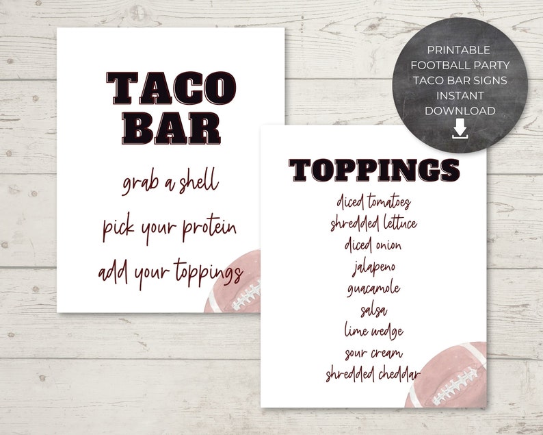 Printable Football Taco Bar and Toppings Sign, 8"x10", 5"x7" Sizes ...