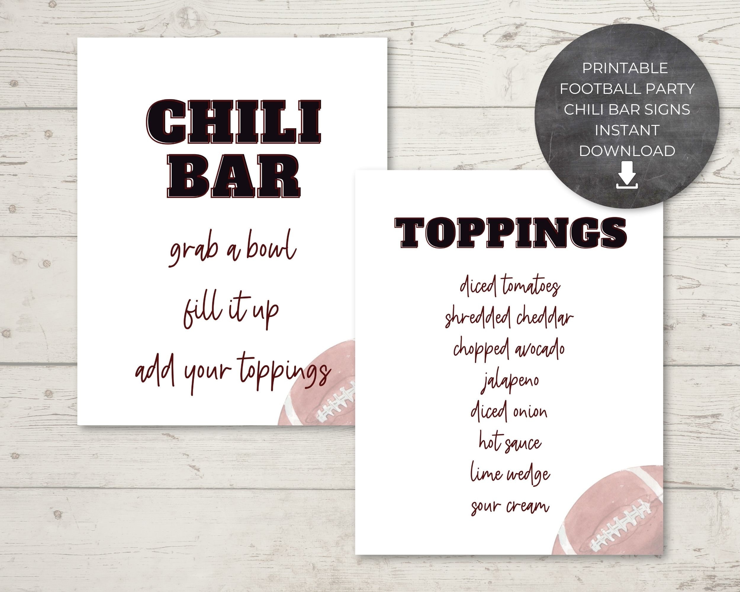 Printable Football Chili Bar and Toppings Sign, 8x10, 5x7 Sizes ...