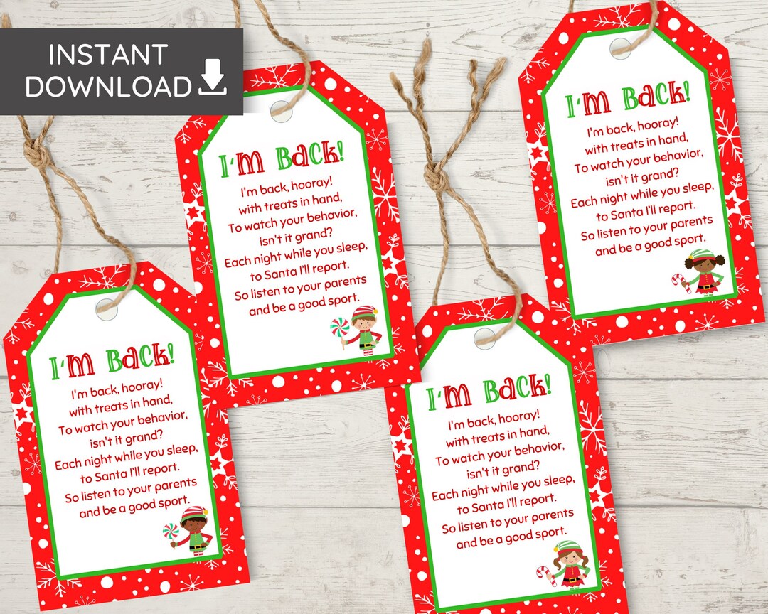 Instant Download, Printable Elf Return I'm Back Gift Tags, Christmas ...