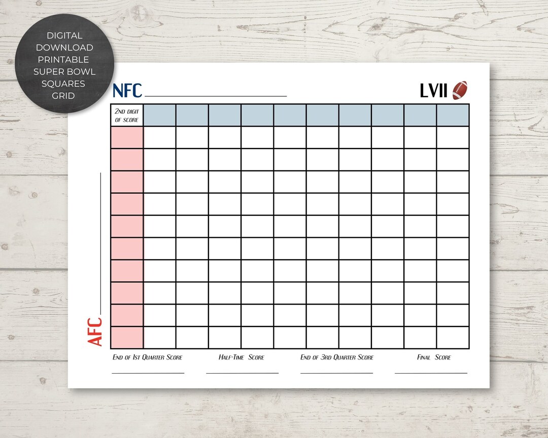 Instant Download, Printable Super Bowl Squares Grid, Super Bowl Party ...