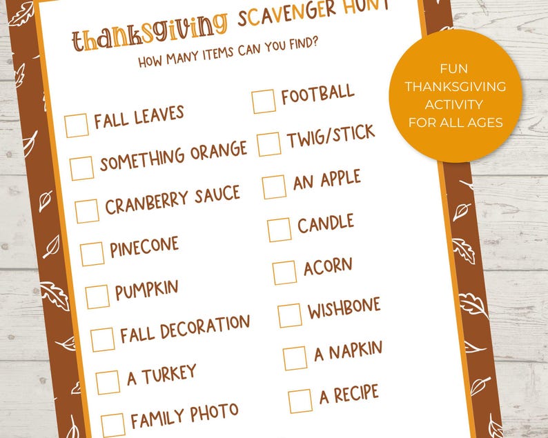 Instant Download, Printable Thanksgiving Scavenger Hunt, Kids Activity ...