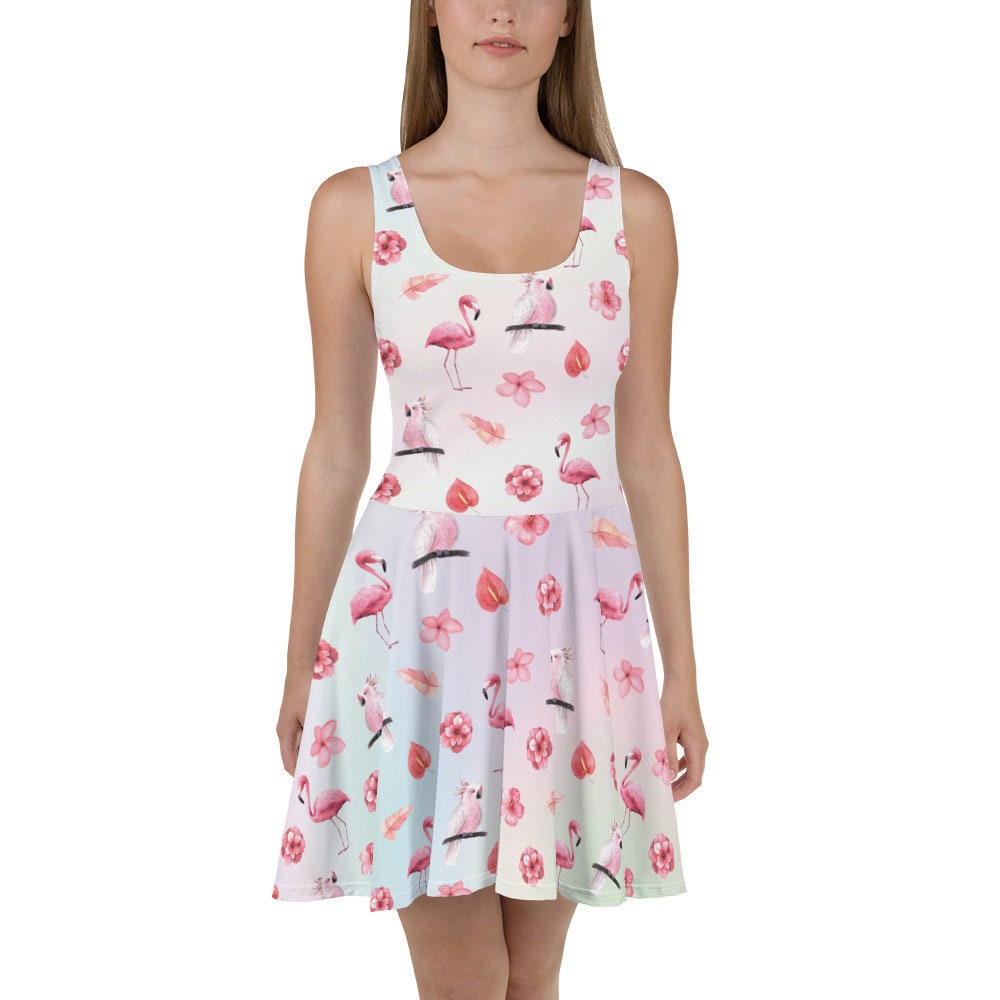 Pink Flamingo Skater Dress, Watercolor Tropical Bird Summer Dress ...