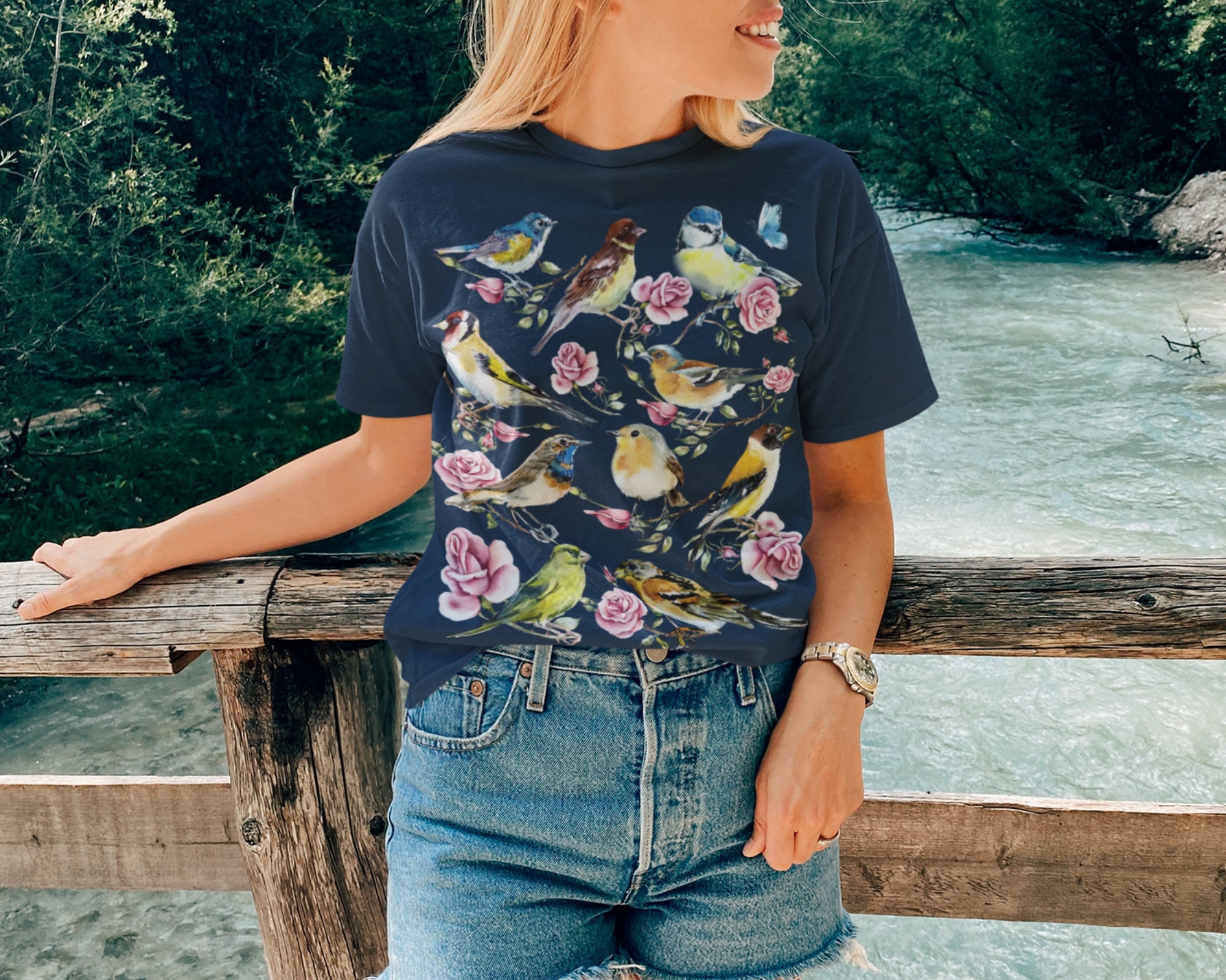Cute Bird Shirt, Nature Lover Bird T Shirt, Flower Garden Birds Tee ...