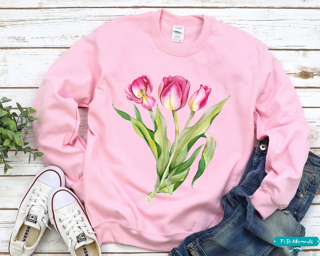 Vintage Style Tulip Sweater, Watercolor Tulip Sweatshirt, Pink Tulips ...