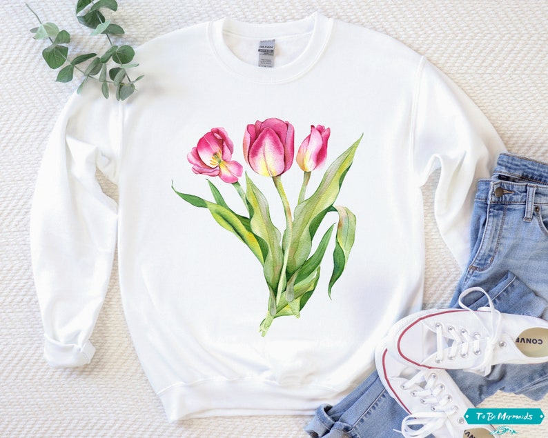 Vintage Style Tulip Sweater, Watercolor Tulip Sweatshirt, Pink Tulips ...