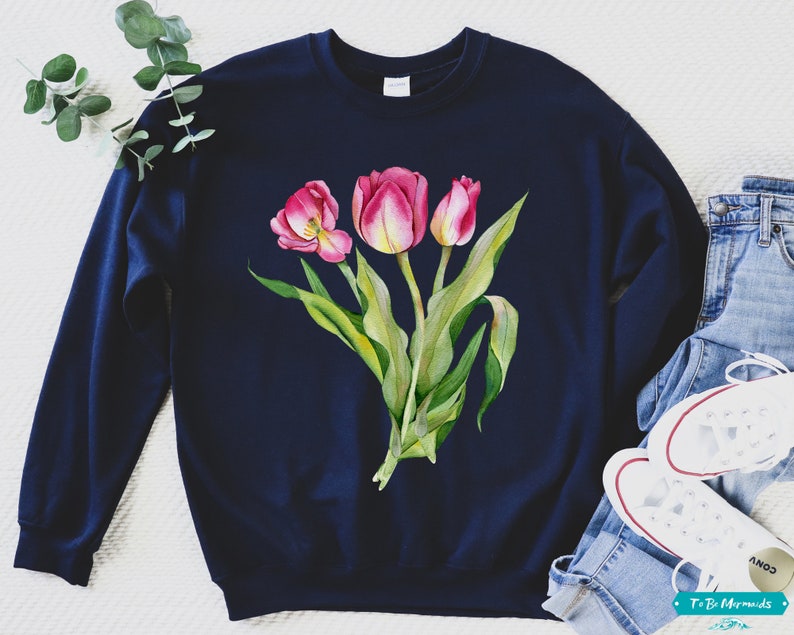 Vintage Style Tulip Sweater, Watercolor Tulip Sweatshirt, Pink Tulips ...
