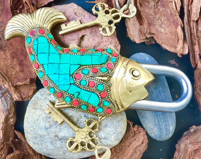Fish Vintage Style Handcrafted Brass Gemstone Padlock Functional Key ...