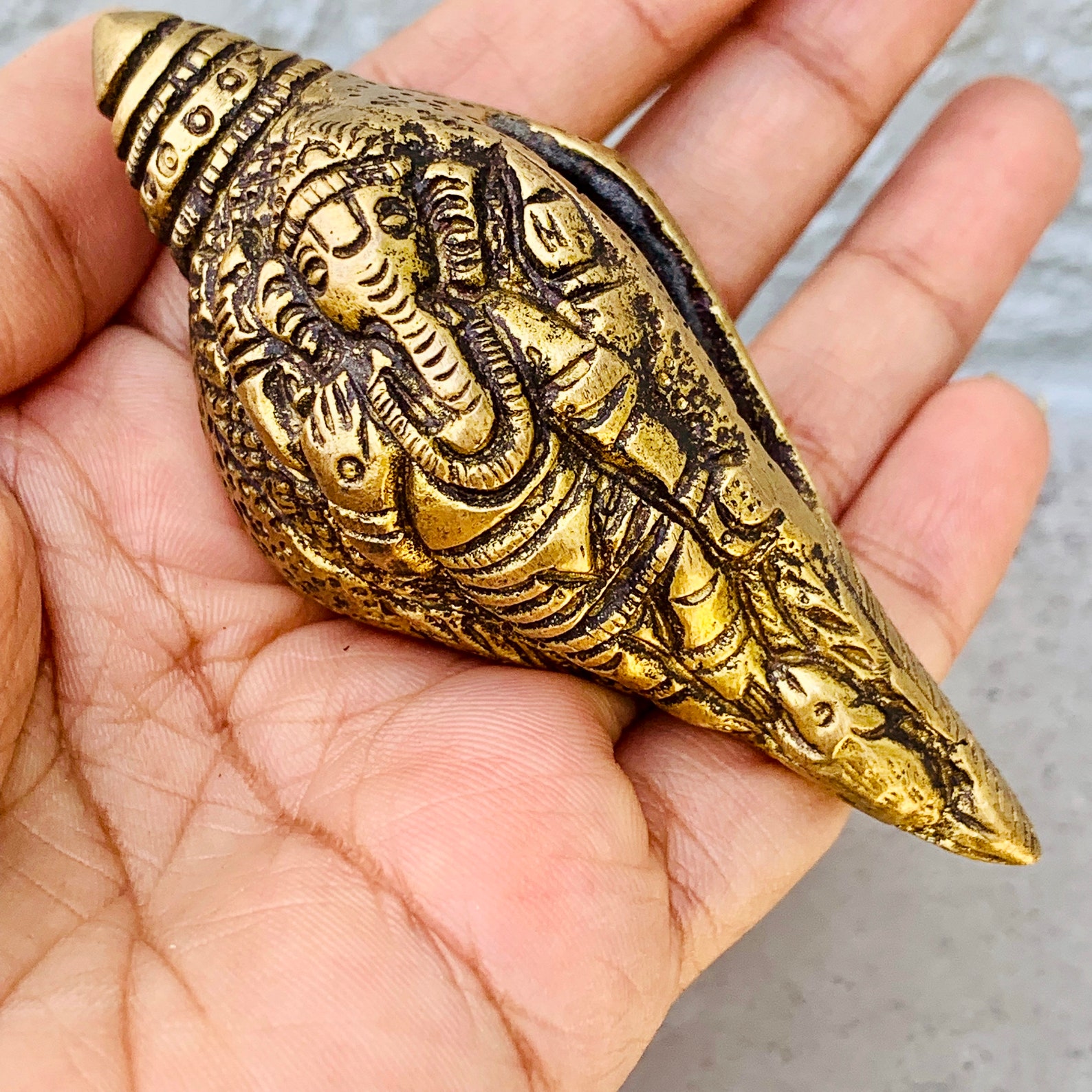 Vintage Slit Conch Shell, Hand Carved Hindu Deity, Brass Trumpet ...