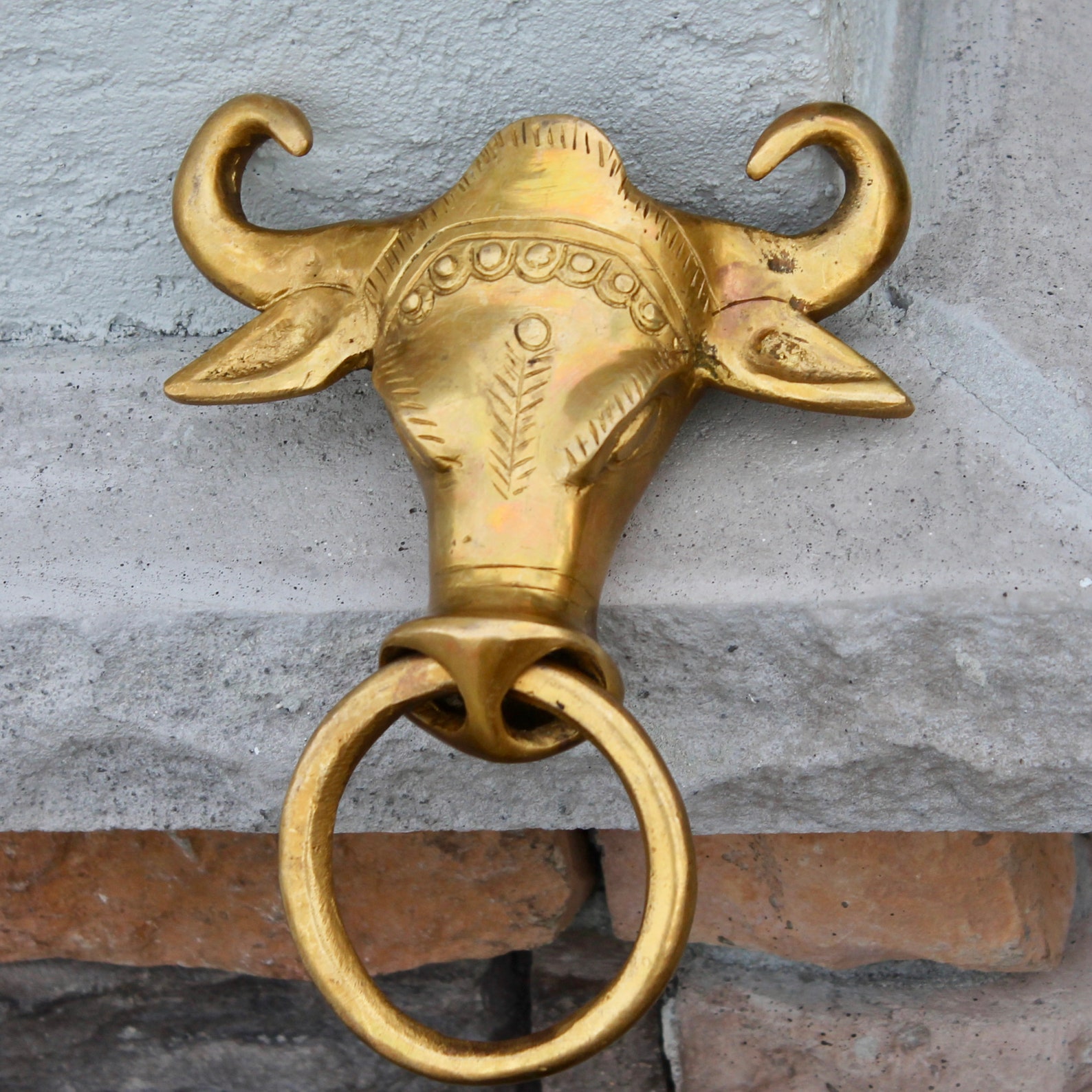 Vintage BULL Door Knocker, Antique Solid Brass Ring Handle, Front Door ...