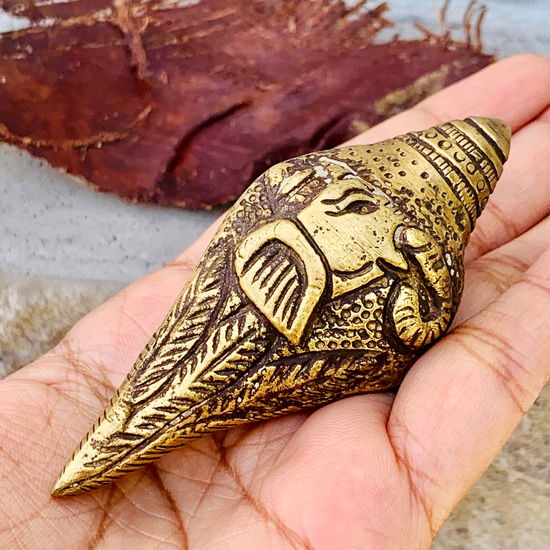 Vintage Slit Conch Shell, Hand Carved Hindu Deity, Brass Trumpet ...