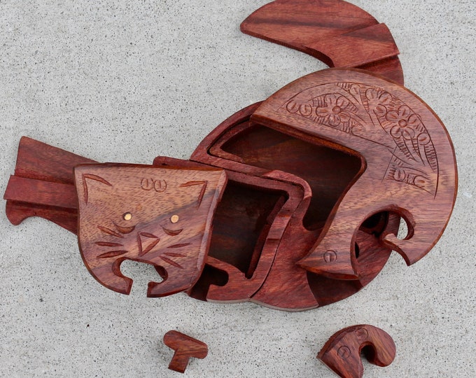 Vintage Wood CAT Jewelry Box, Small Antique Puzzle Ring Box, Trinket ...