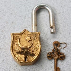 Vintage Padlock, Celestial Moon Star Antique Working Lock, Bronze Lock ...