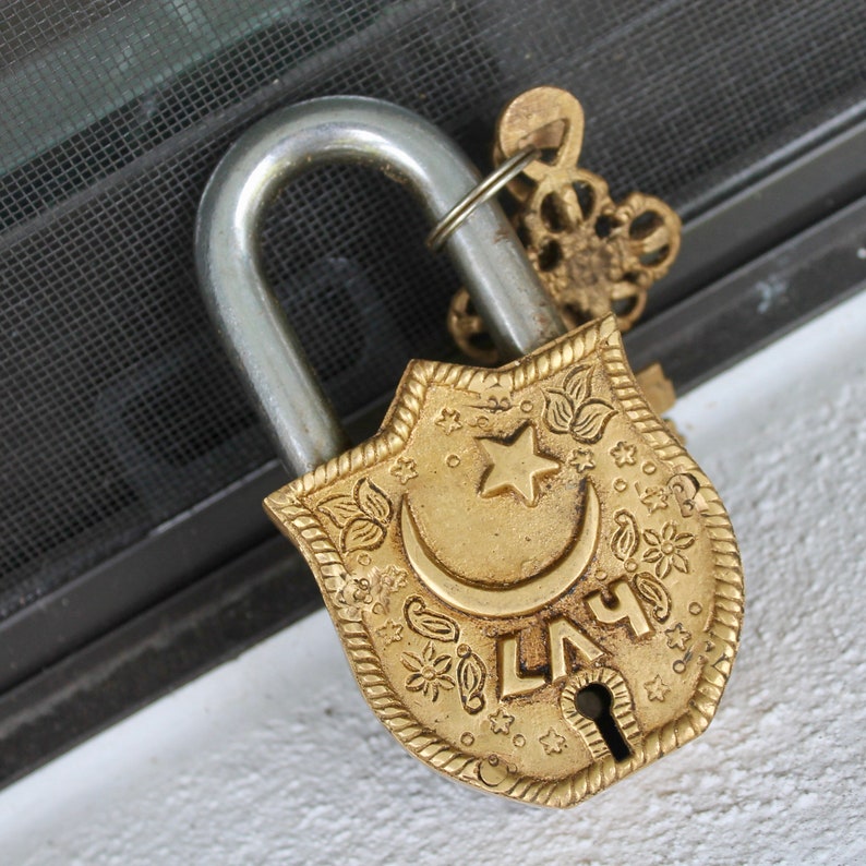 Vintage Padlock, Celestial Moon Star Antique Working Lock, Bronze Lock ...