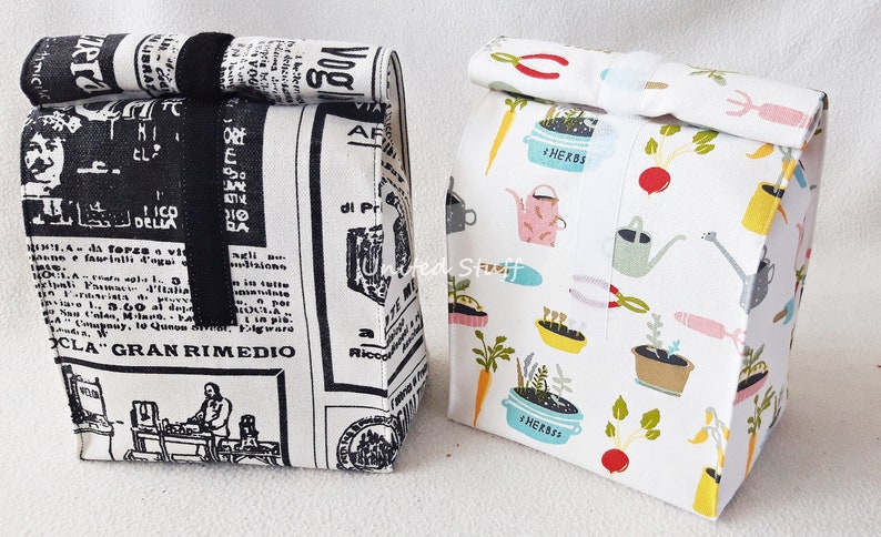 Cotton Lunch Bag Gardener/newspaper Print Reusable Eco Food Sandwich ...
