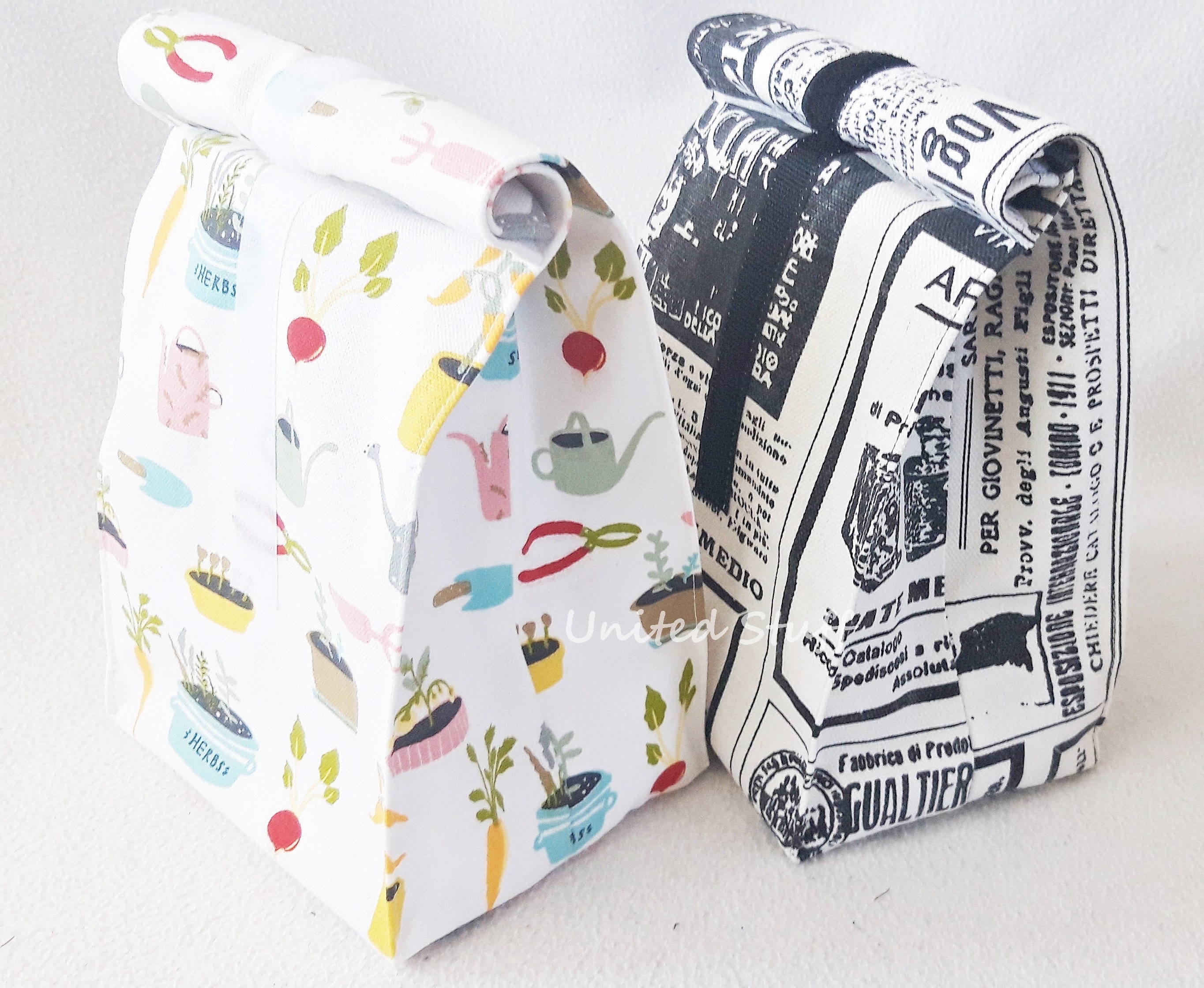 Cotton Lunch Bag Gardener/newspaper Print Reusable Eco Food Sandwich ...