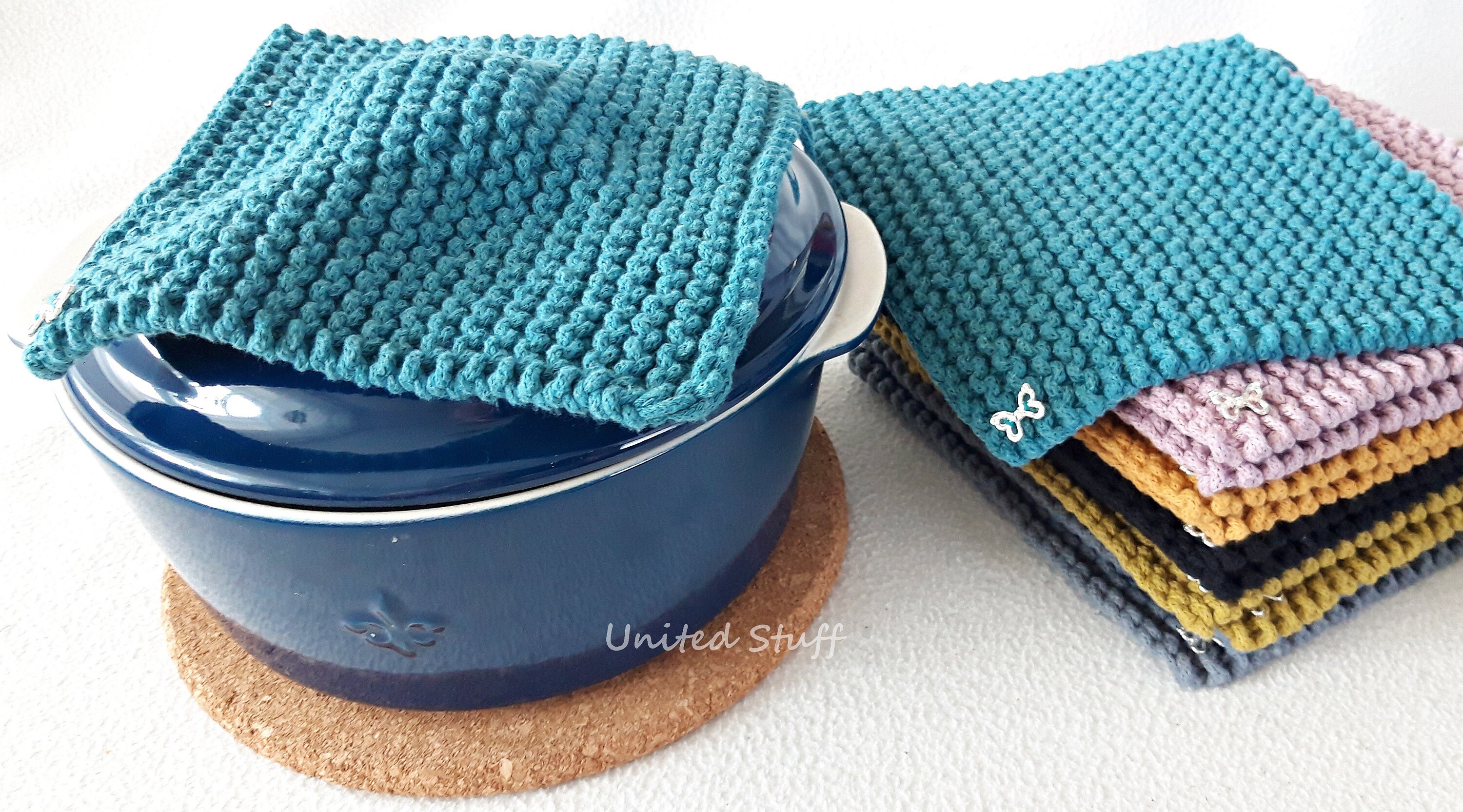 Knitted Potholder Set of 2 Handmade Kitchen Potholder Gift Yarn Organic ...