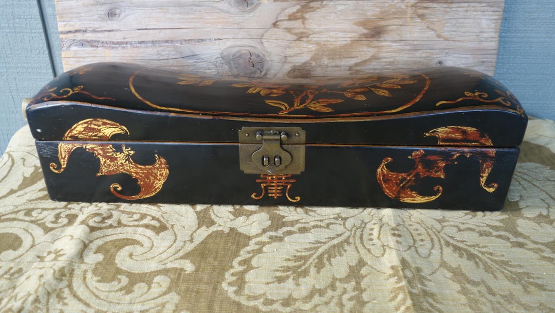 Vintage Chinese Black Lacquer Wood Pillow Box With Inside Shelf Bat ...