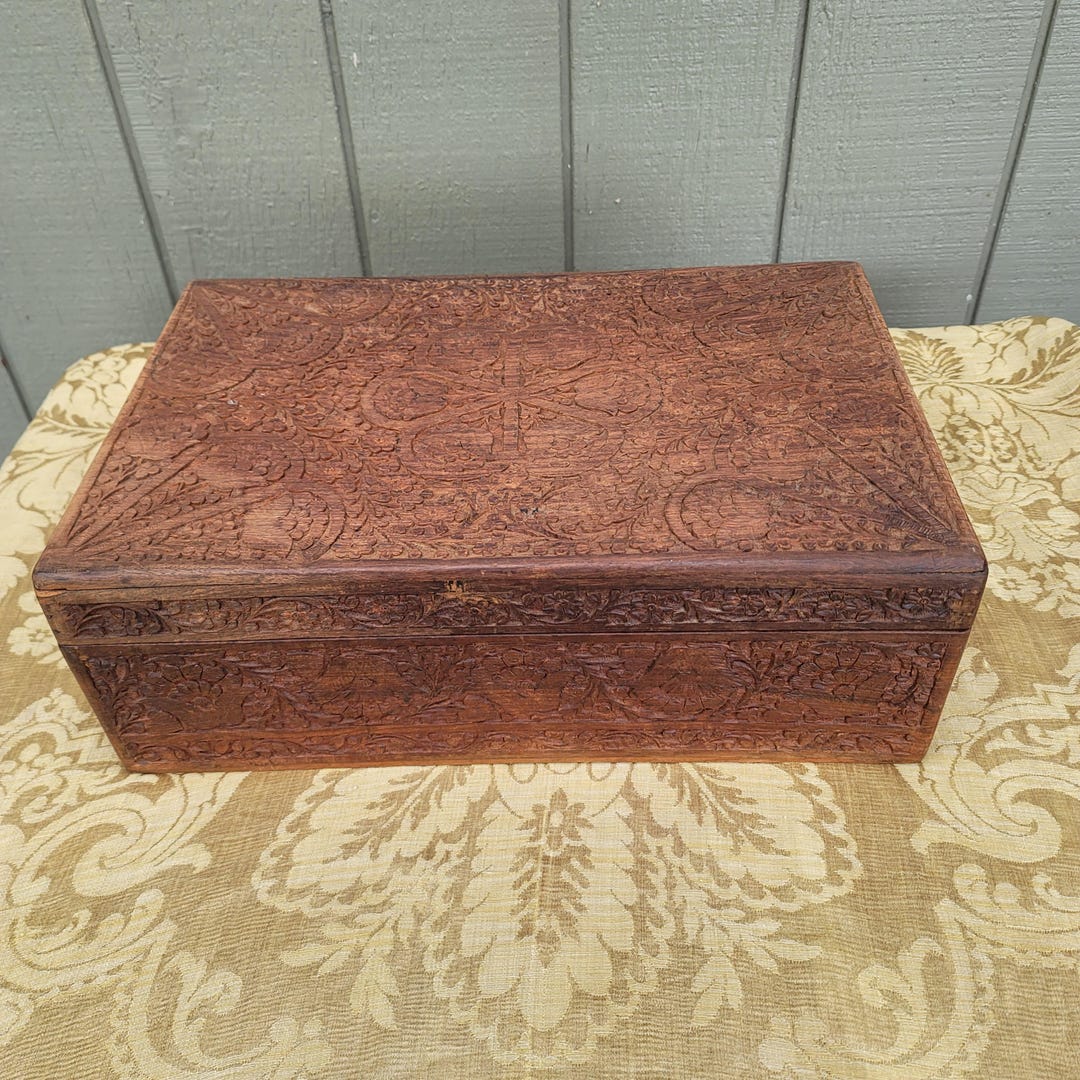 Vintage Large Carved Wood India Sheesham Box With Tray Insert Jewelry ...
