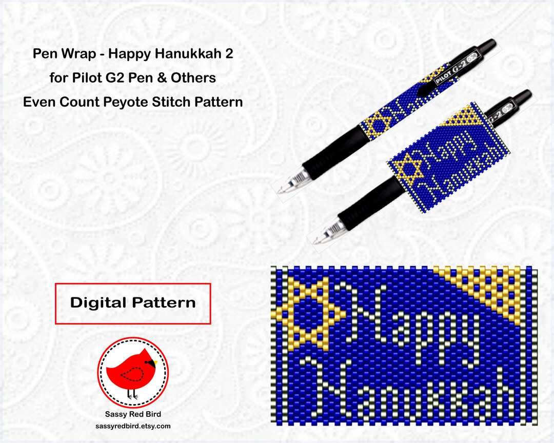 Happy Hannukah 2, Peyote Bead Pen Wrap Pattern, Peyote Bead Pattern ...